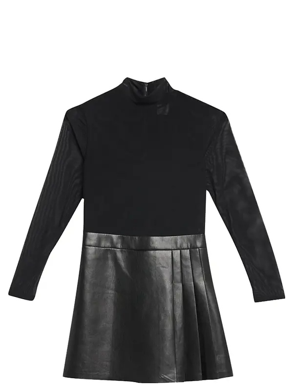 Alice + Olivia Chara Long-sleeve Vegan Leather Pleated Mini Dress - Black
