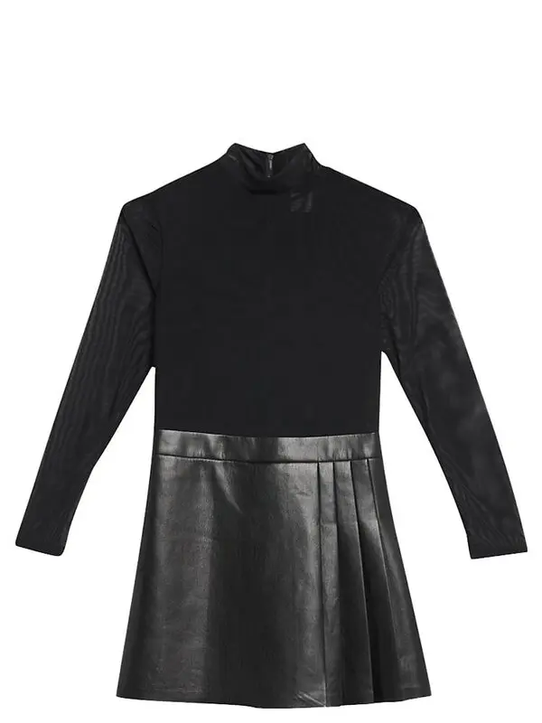 Alice + Olivia Chara Long-sleeve Vegan Leather Pleated Mini Dress - Black