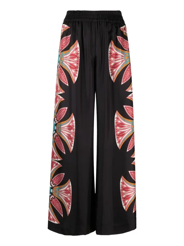 La DoubleJ Lotus-print Silk Palazzo Pants - Black