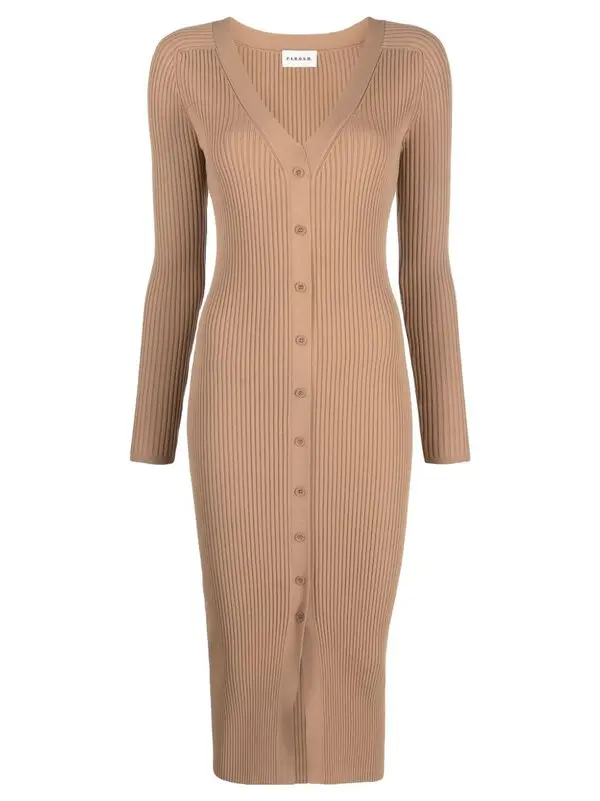 P.a.r.o.s.h Ribbed Knit Button-up Midi Dress - Brown