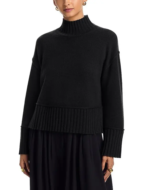 Aqua 100% Cashmere Boxy Mock Neck Sweater - Black