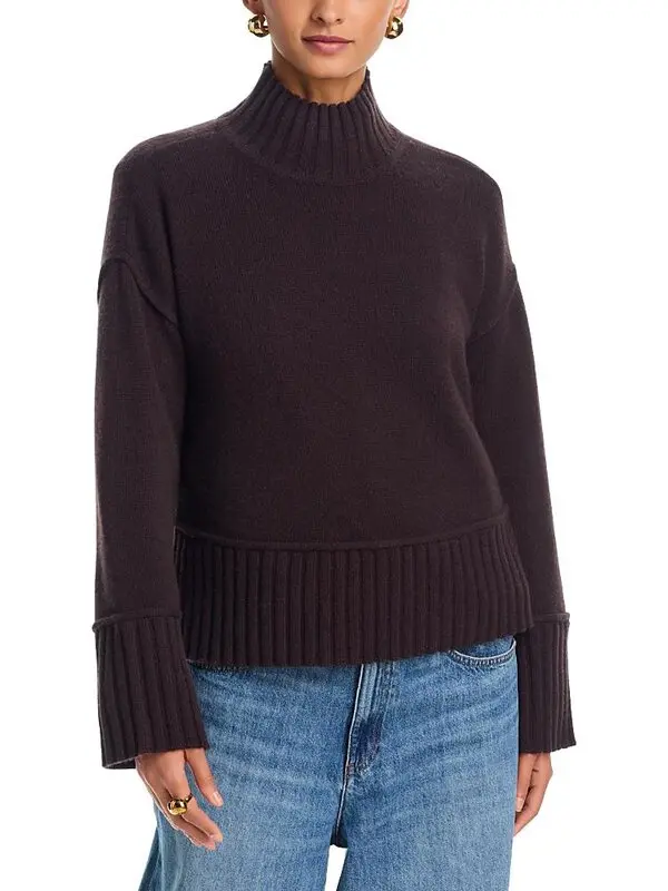 Aqua 100% Cashmere Boxy Mock Neck Sweater - Chocolate