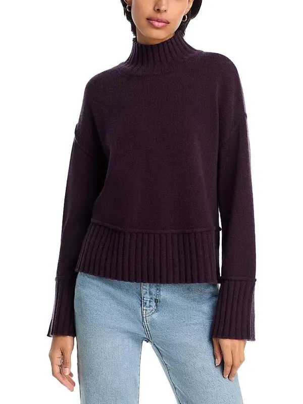 Aqua 100% Cashmere Boxy Mock Neck Sweater - Dark Brown