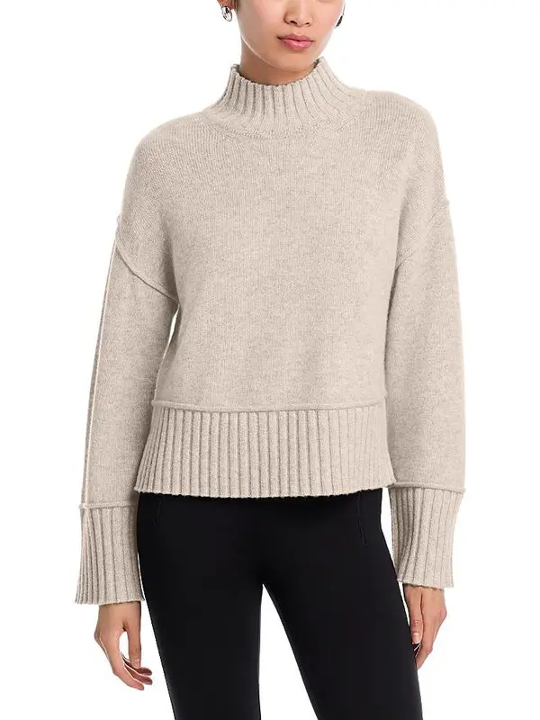 Aqua 100% Cashmere Boxy Mock Neck Sweater - Oatmeal