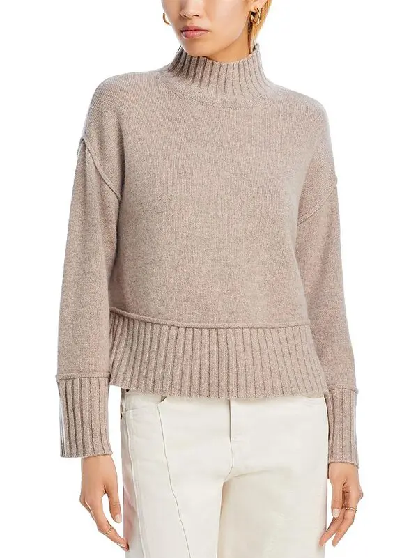 Aqua 100% Cashmere Boxy Mock Neck Sweater - Wheat