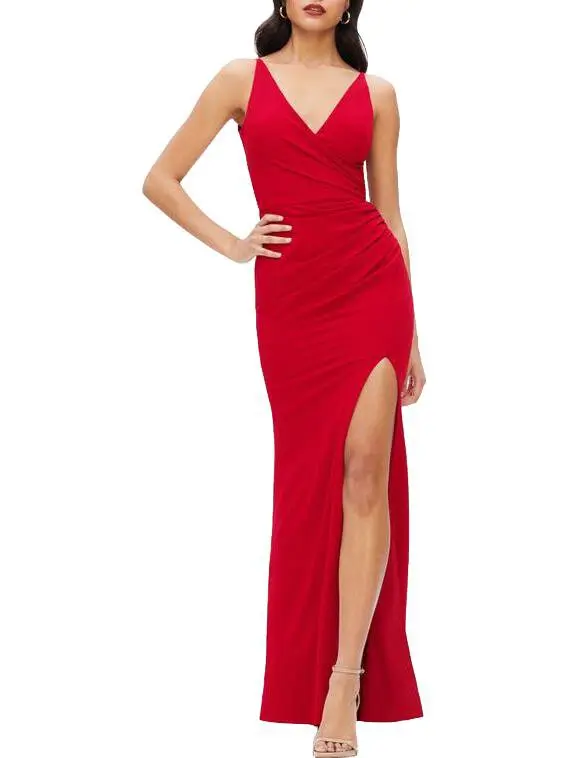 Dress The Population Jordan Ruched Side Slit Gown - Rouge