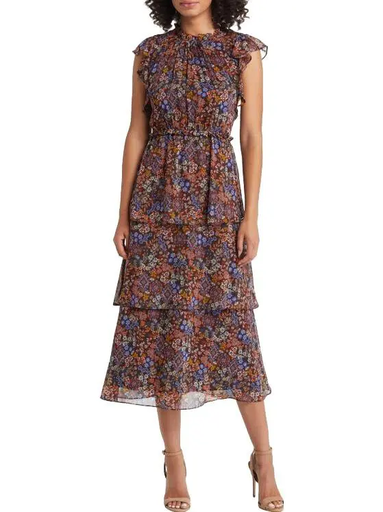 Julia Jordan Floral Tiered Midi Dress - Brown Multi