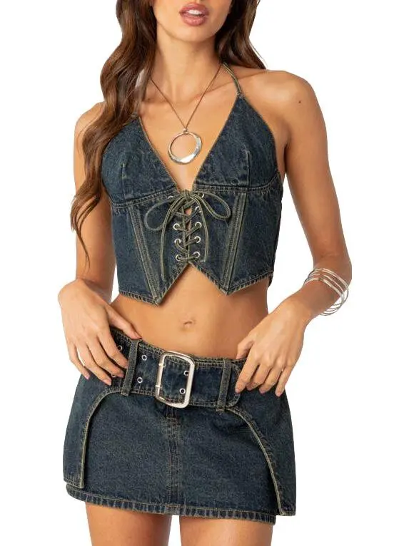 EDIKTED Elara Lace-up Denim Corset Halter Top - Blue