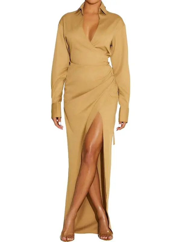 Naked Wardrobe Faux Wrap Maxi Dress - Beige
