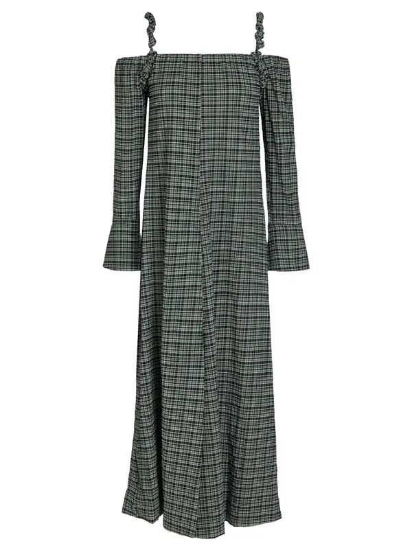 GANNI Cold-shoulder Checked Seersucker Midi Dress - Green
