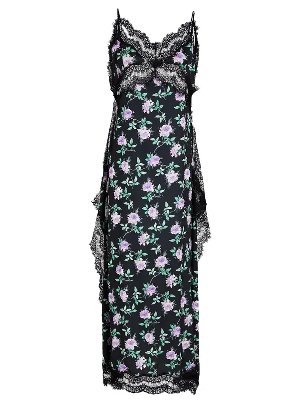 MSGM Lace-paneled Floral-print Crepe De Chine Midi Dress - Black