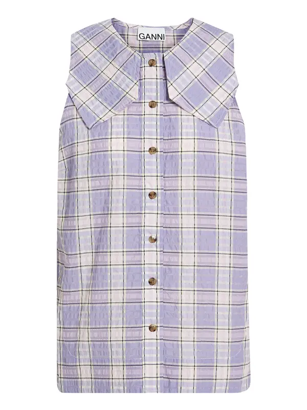 GANNI Checked Cotton-blend Seersucker Top - Lavender