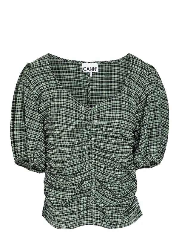 GANNI Ruched Checked Seersucker Top - Green