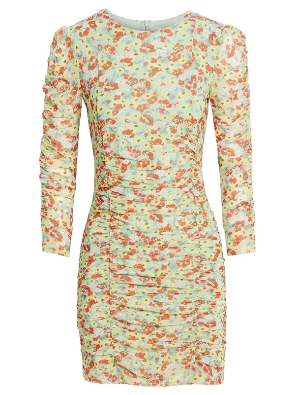 GANNI Ruched Floral-print Mini Dress - Mint