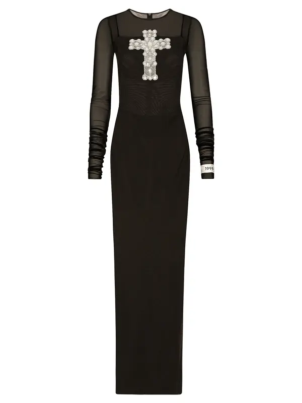 Dolce & Gabbana Long Tulle Dress With Rhinestone Cross - Black