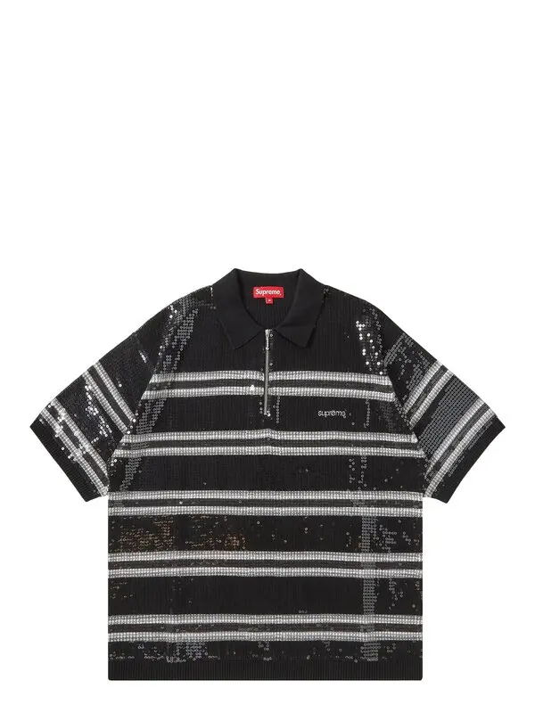 Supreme Sequin Stripe Zip Polo - Black