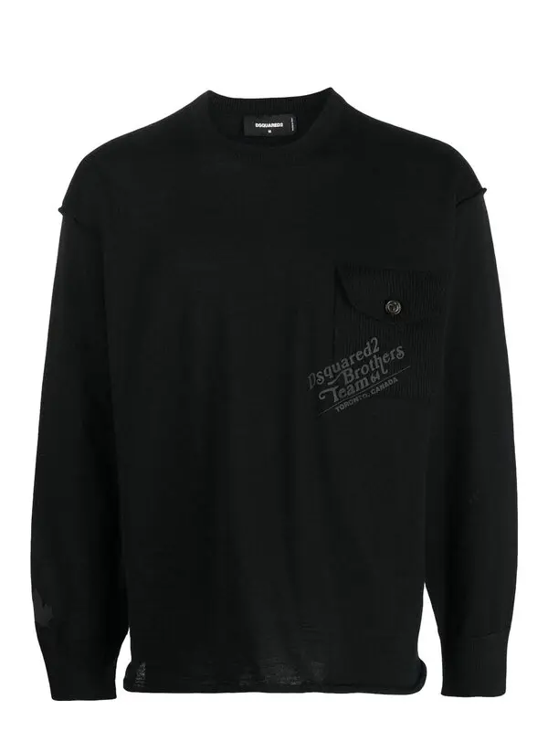 Dsquared2 Virgin Wool Ribbed Crew Neck Jumper With Chest Pocket - Black
