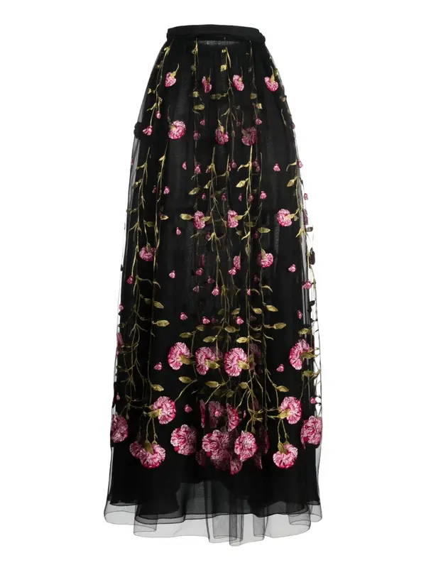 Giambattista Valli Floral-embroidered Tulle Maxi Skirt - Black