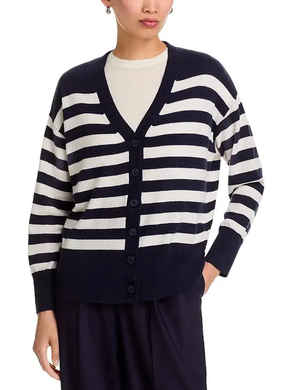 Bloomingdale'S Cashmere V-neck Cardigan Sweater - Navy/ivory Stripe