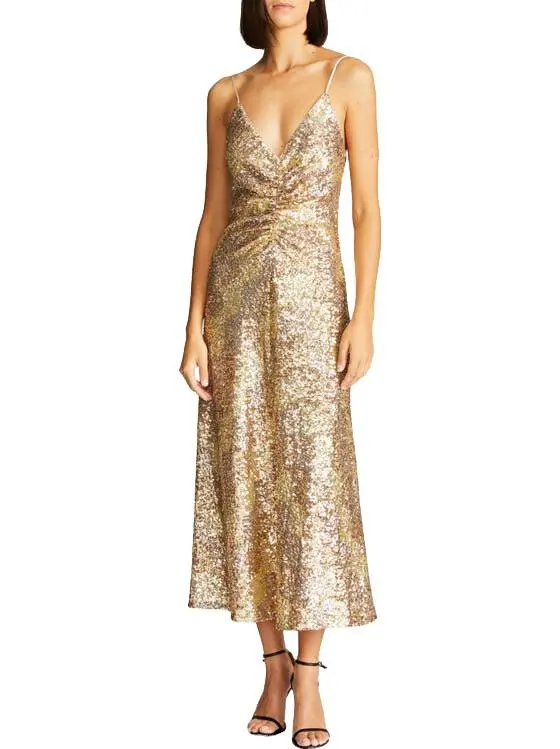 Halston Alessandra Sequin V-neck Dress - Gold Tonal