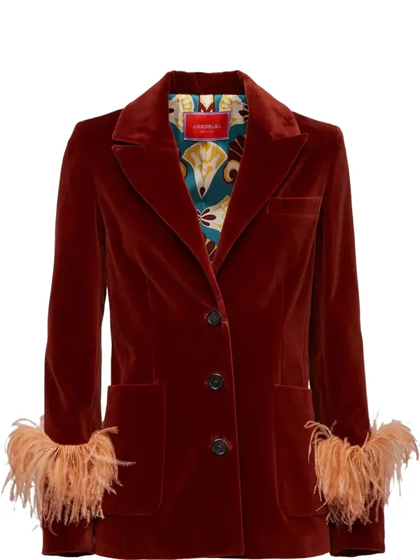 La DoubleJ Keaton Feather-trim Velvet Blazer - Red
