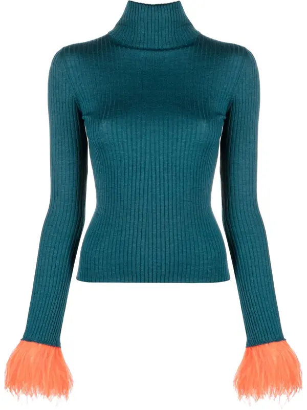 La DoubleJ Feather-trim Rib-knit Jumper - Blue