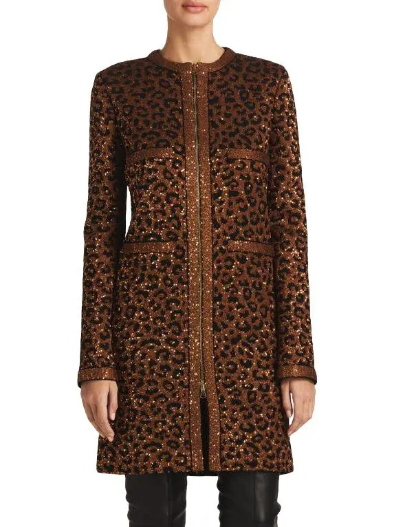 St. John Sequin Leopard Jacquard Long Jacket - Caramel/copper Multi