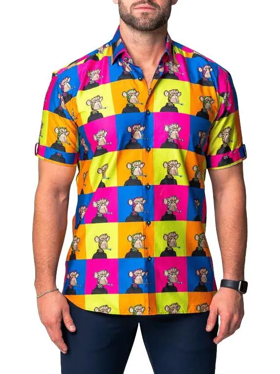 MACEOO Galileo Ape Print Short Sleeve Cotton Button-up Shirt - Yellow Multi