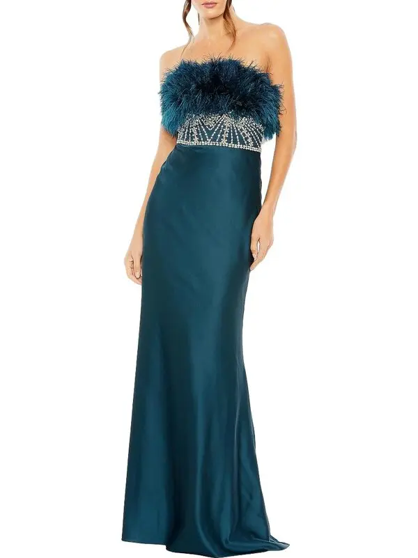 Mac Duggal Feather Rhinestone Column Gown - Teal