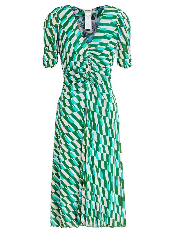Diane Von Furstenberg Ruched Printed Stretch-mesh Dress - Green