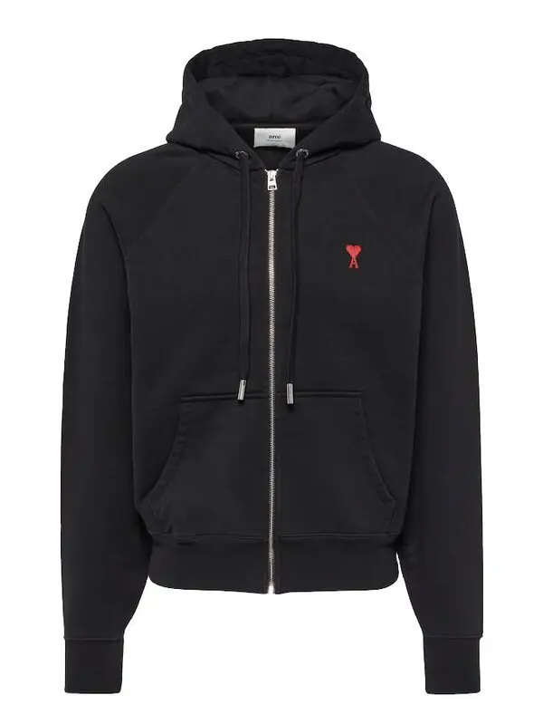 AMI Paris De Cœur Cotton Jersey Zip-up Hoodie - Black