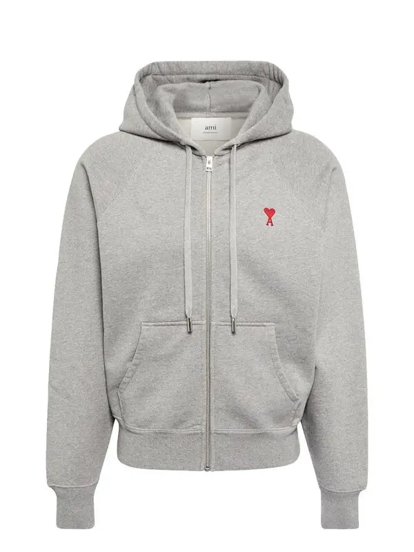 AMI Paris De Cœur Cotton Jersey Zip-up Hoodie - Grey