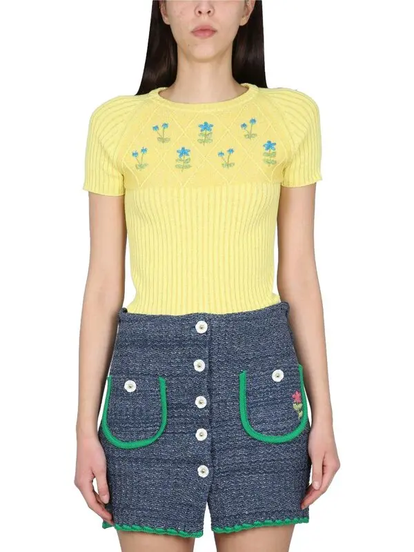 CORMIO Embroidered Jersey Top - Yellow