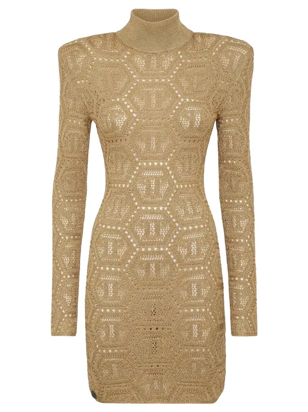 Philipp Plein Monogram-pattern Crochet-knit Minidress - Gold