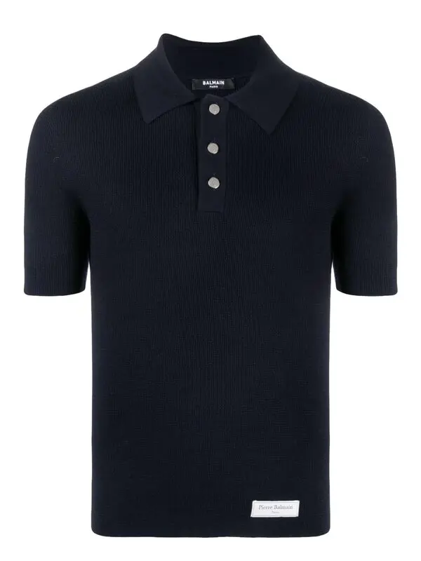 Balmain Logo-patch Wool Polo Shirt - Blue