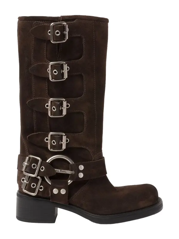 Miu Miu Buckle-detail Block-heel Boots - Brown
