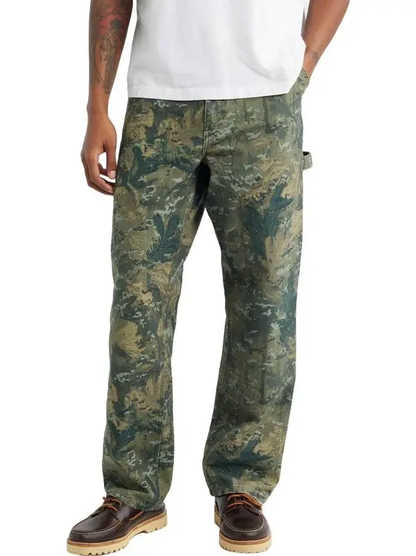 Carhartt Work In Progress Single Knee Organic Cotton Canvas Straight Leg Pants - Camo Combi Green Stone Washed
