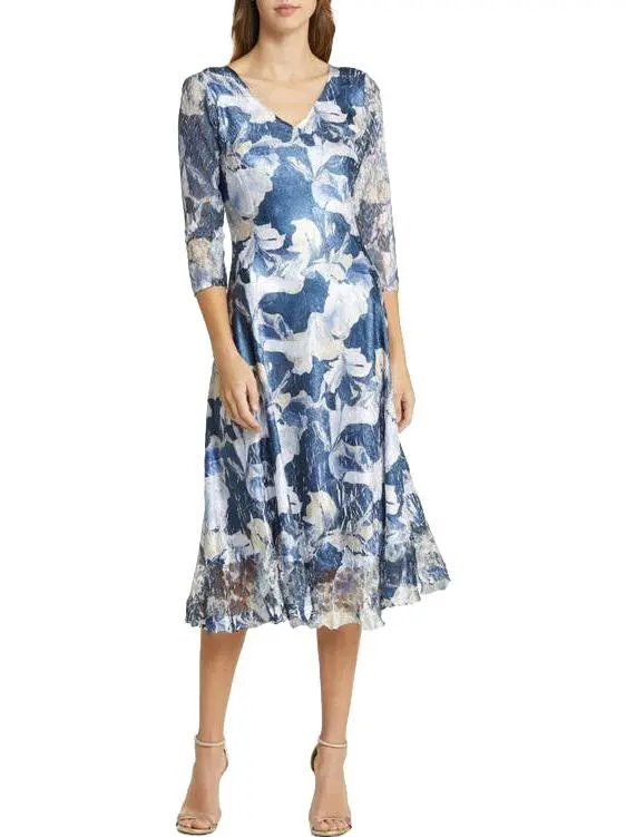 Komarov Abstract Print Charmeuse And Lace Cocktail Midi Dress - Gilded Lily
