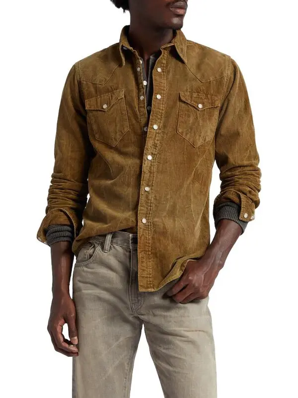 Double Rl Buffalo West Slim Fit Corduroy Western Snap-up Shirt - Tan