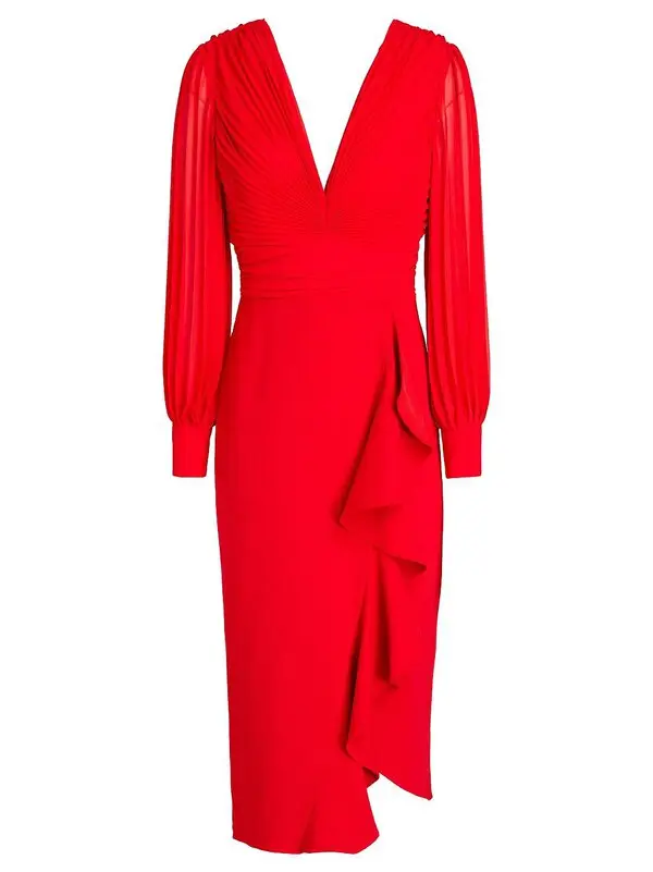 Badgley Mischka Crepe-paneled Pleated Chiffon Midi Dress - Red