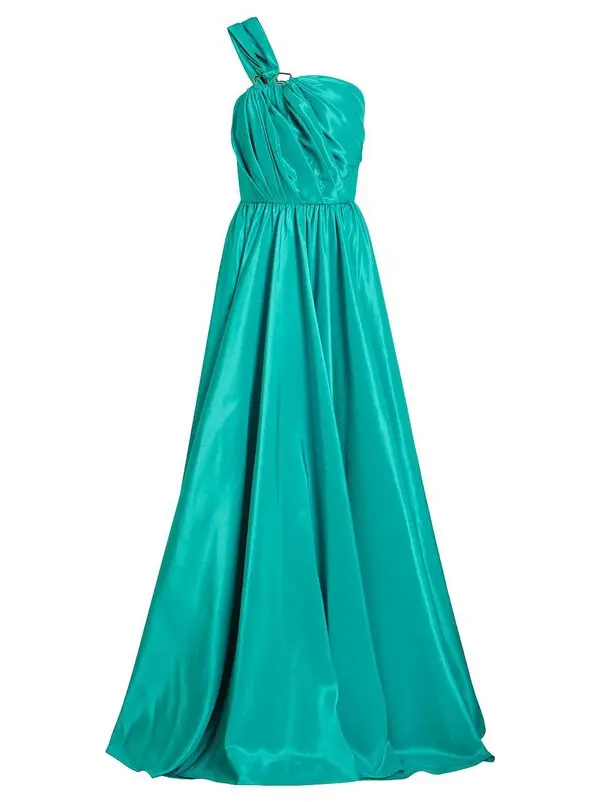 RHEA COSTA One-shoulder Ring-embellished Taffeta Gown - Teal