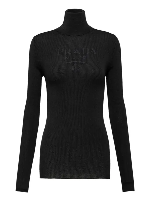 Prada Superfine Wool Ribbed Knit Turtleneck Sweater With Raglan Shoulders - Black