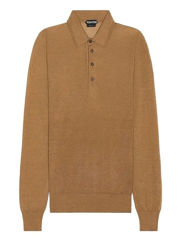 TOM FORD Piquet Long Sleeve Polo In In Brown - Camel