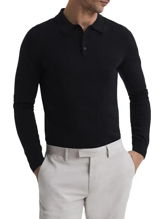 REISS Trafford Long Sleeve Wool Polo Sweater - Black