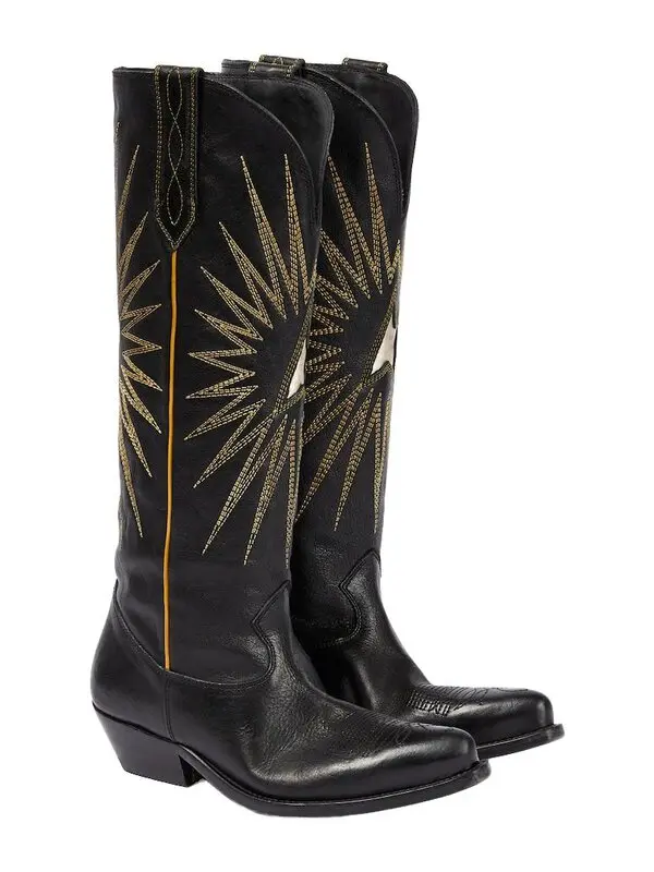 GOLDEN GOOSE Embroidered Leather Cowboy Boots - Black