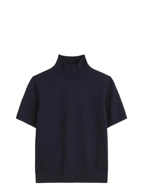 Cos Merino Wool Turtleneck Top With Ribbed High Neckline - Navy