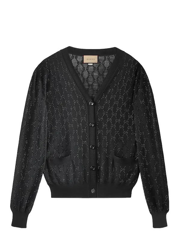 Gucci Fine Wool Gg Crystal Cardigan - Black