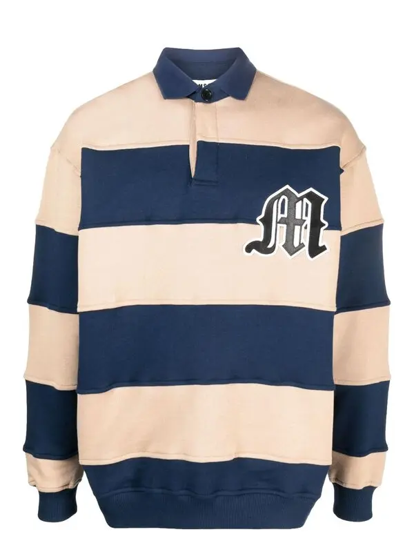 MSGM Logo-patch Striped Polo Sweatshirt - Neutrals