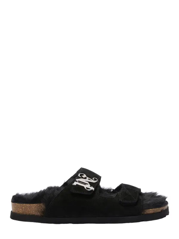Palm Angels Monogram Plaque Faux-fur Sandals - Black