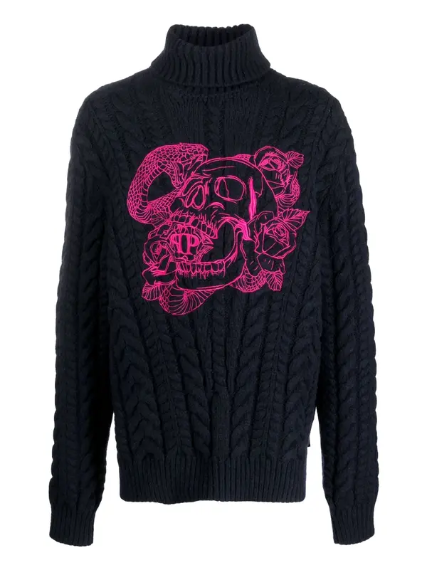 Philipp Plein Embroidered Skull Roll-neck Jumper - Blue